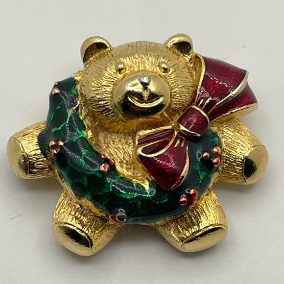 Vintage | Jewelry | Vintage Christmas Teddy Bear Pin Brooch Green Red ...